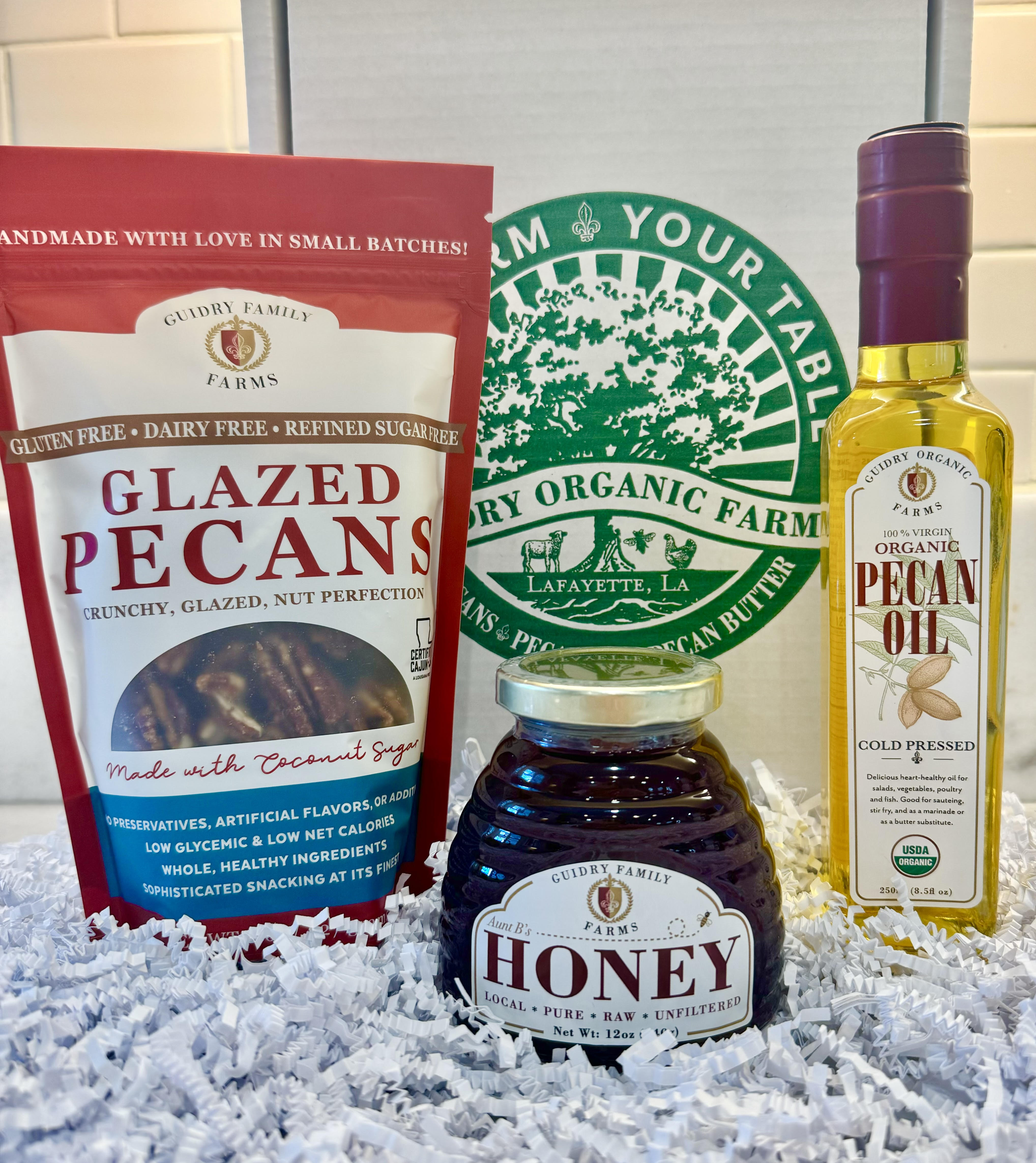 Gift Box #17: Glazed Pecans, Local Honey, Pecan Oil – Guidry Organic Farms